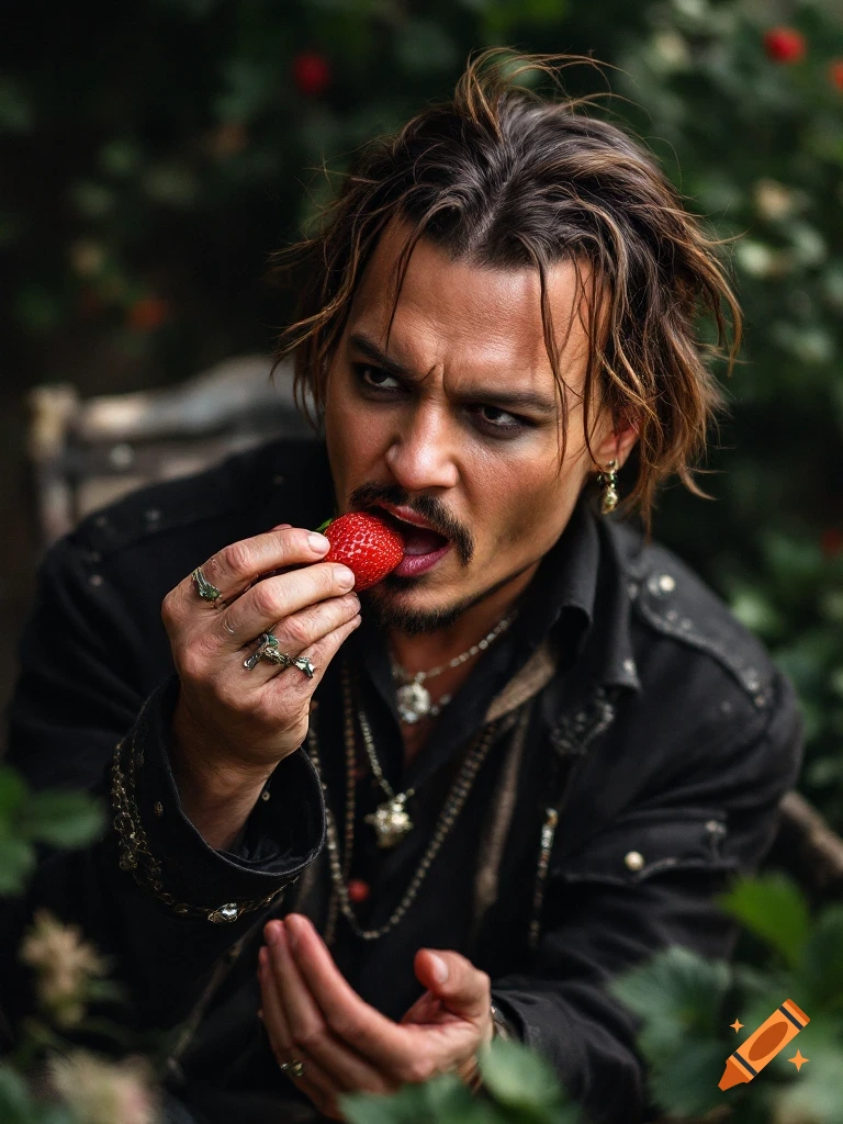 A man resembling Johnny Depp eats a strawberry in a garden. on Craiyon