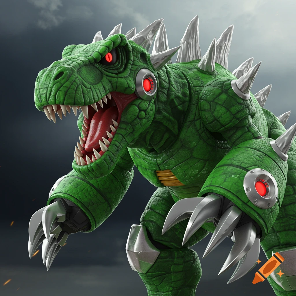 A close-up 3D render of a green Tyrannosaurus rex robot with red eyes ...