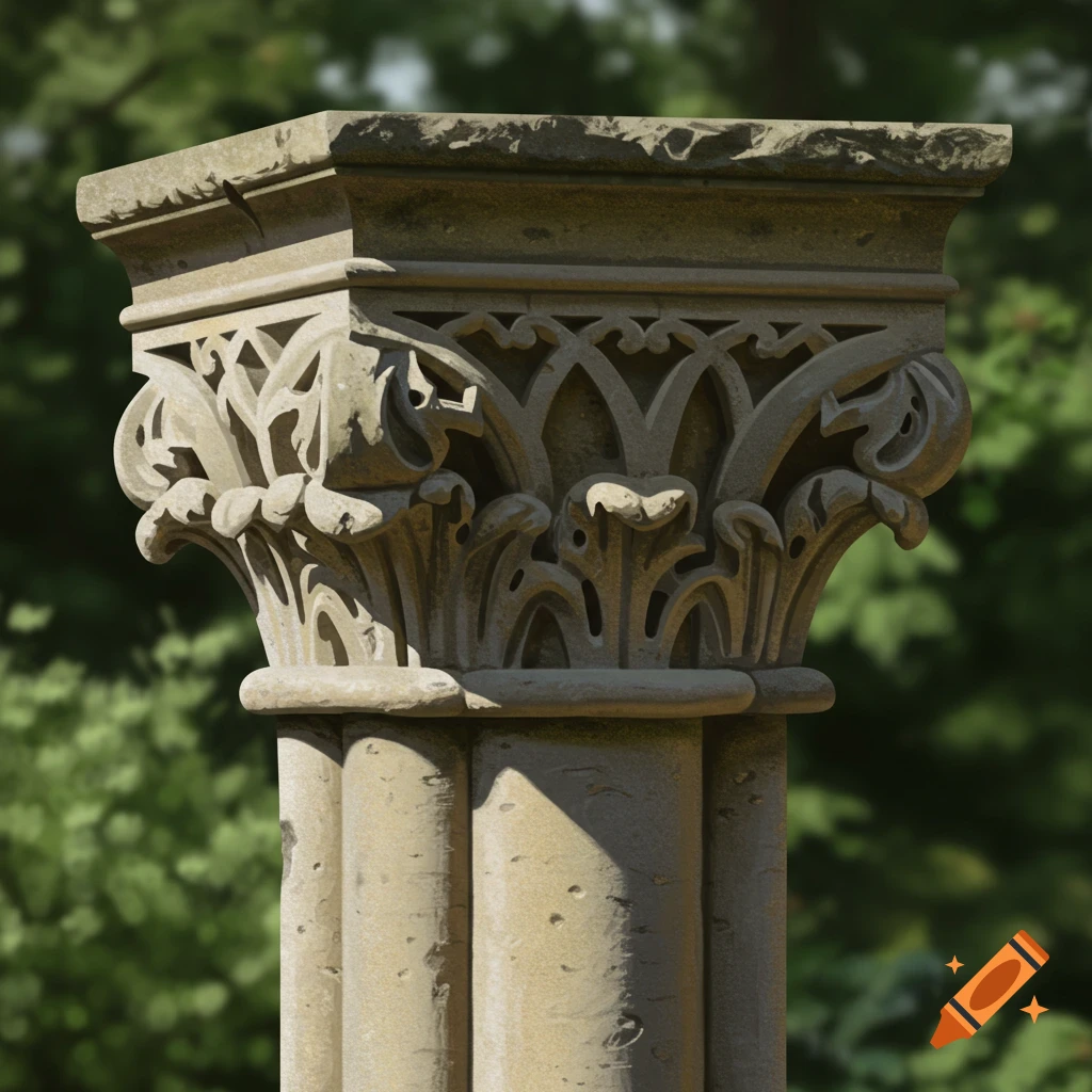 Close up of a stone column capital with intricate carvings against a ...