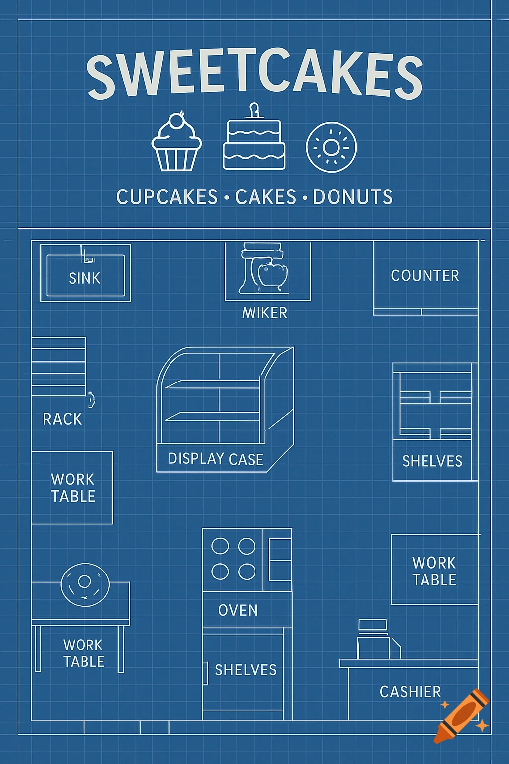 Digital blueprint of a bakery kitchen layout with equipment labels. on ...