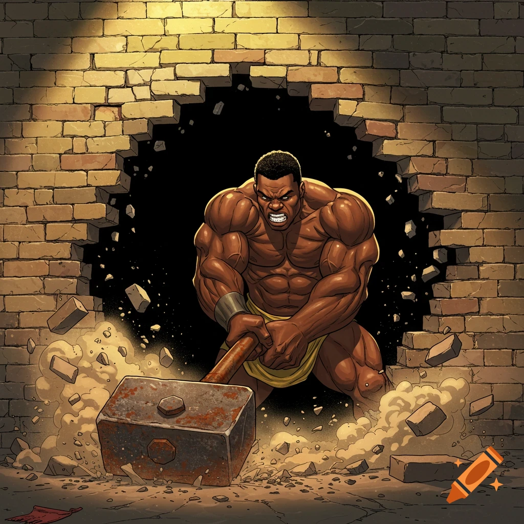 Comic art of a muscular man breaking through a brick wall with a large ...