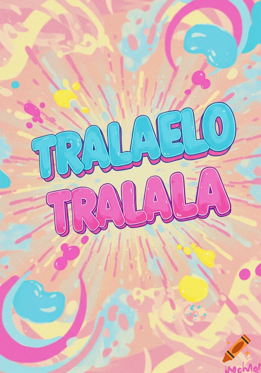 Bubble text 'TRALAELO TRALALA' on an abstract colorful background. on Craiyon