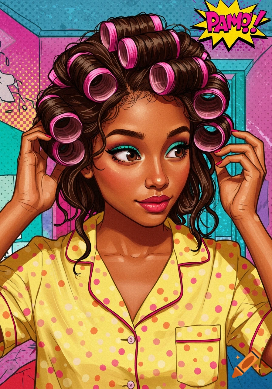 A woman in yellow polka dot pajamas and pink curlers in her hair looks ...