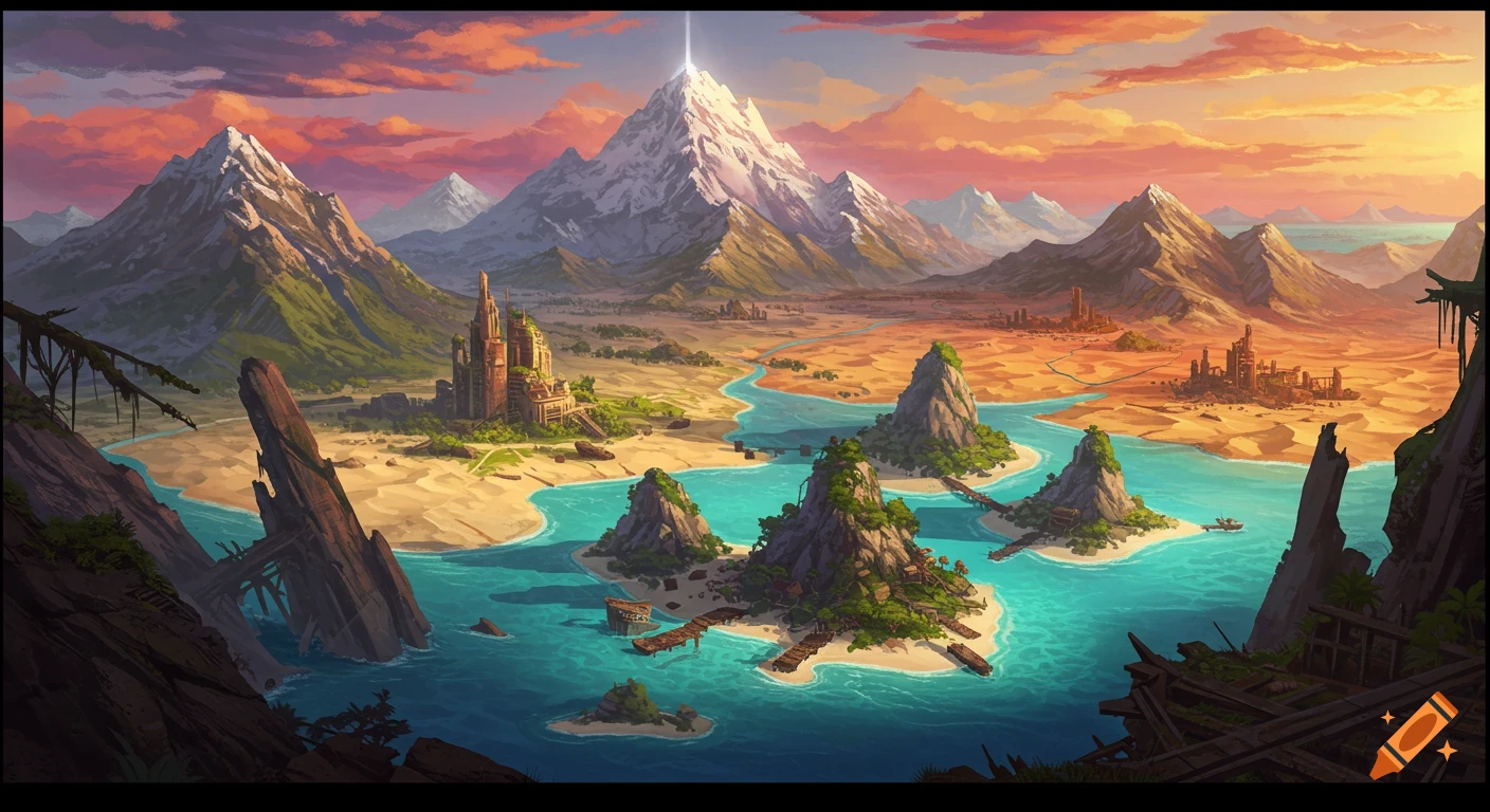 A vibrant post-apocalyptic landscape digital painting featuring snow ...