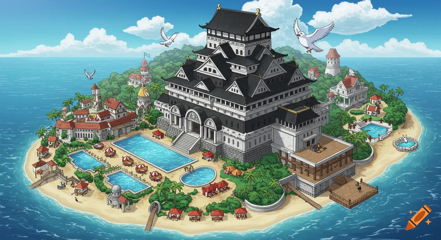An anime illustration of a tropical island resort with a Japanese-style ...