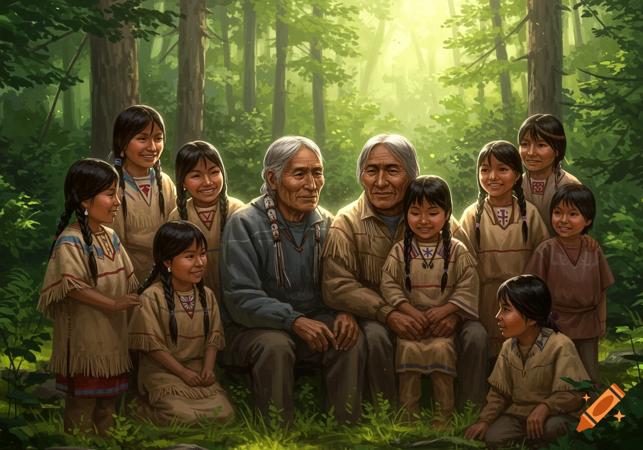 An Indigenous family group poses together in a sun-dappled forest ...