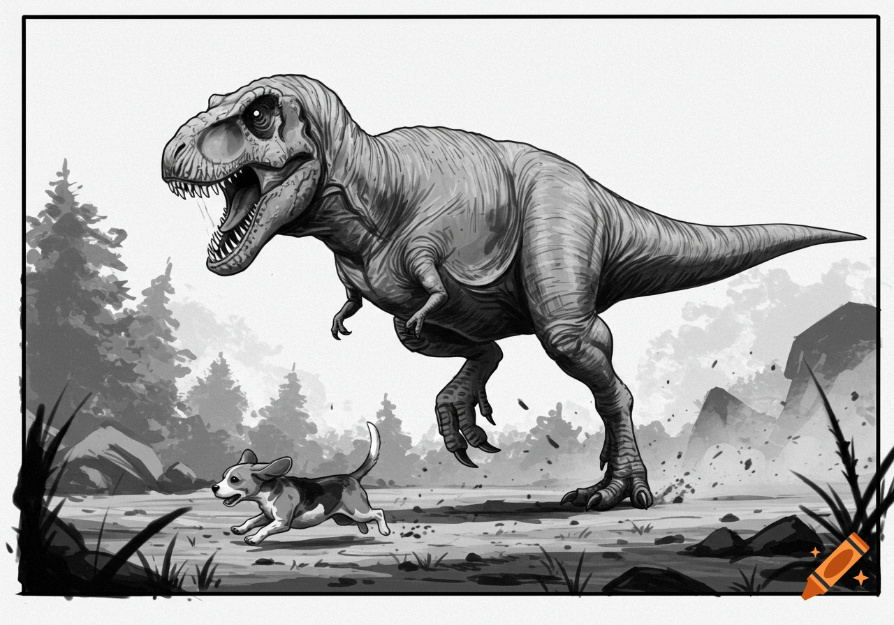 A black and white sketch of a large T. rex chasing a small beagle ...