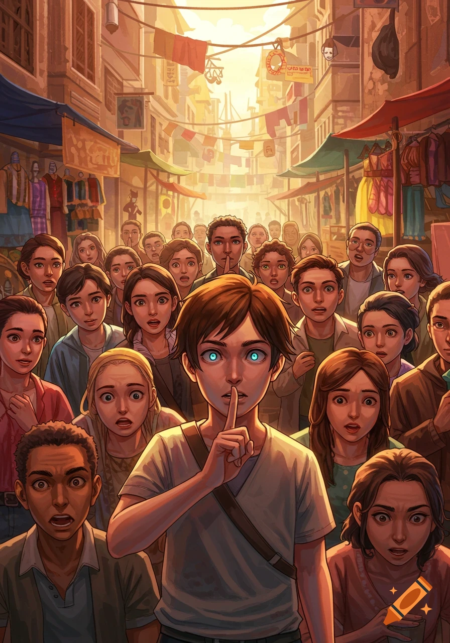 An illustrative image of a young person shushing a surprised crowd in a ...