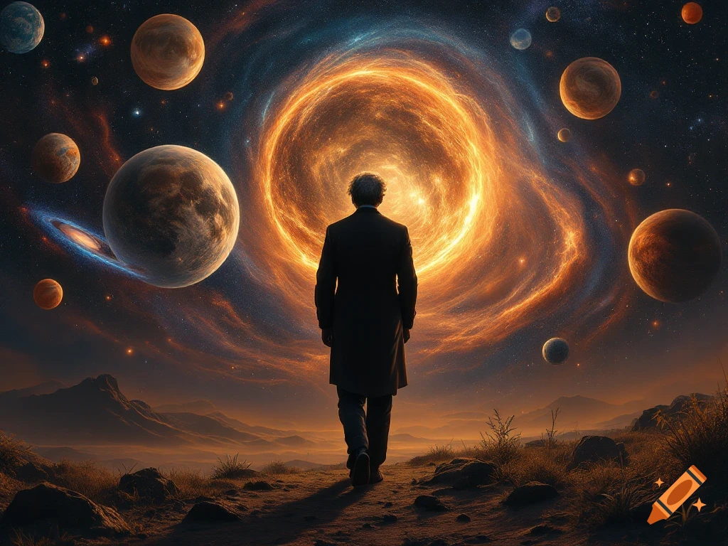 A person in a dark coat stands looking out at a cosmic scene with a ...