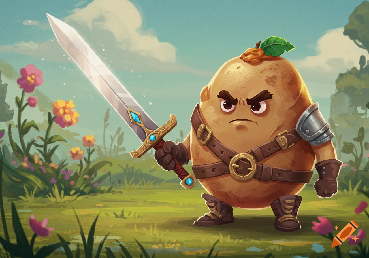 A cartoon potato character dressed as a warrior holds a sword in a ...