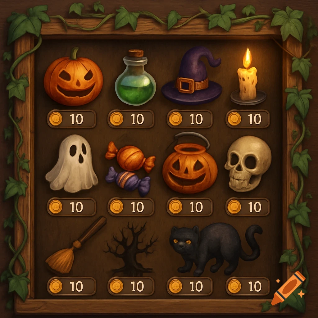 Halloween themed game UI featuring various items like pumpkins, ghost ...
