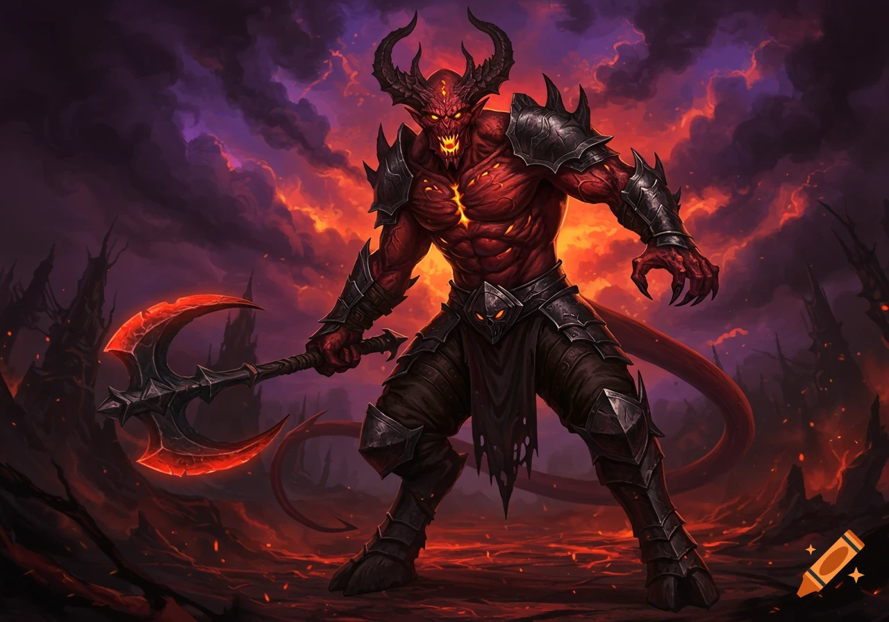 A red-skinned demon with horns and armor stands in a fiery landscape ...