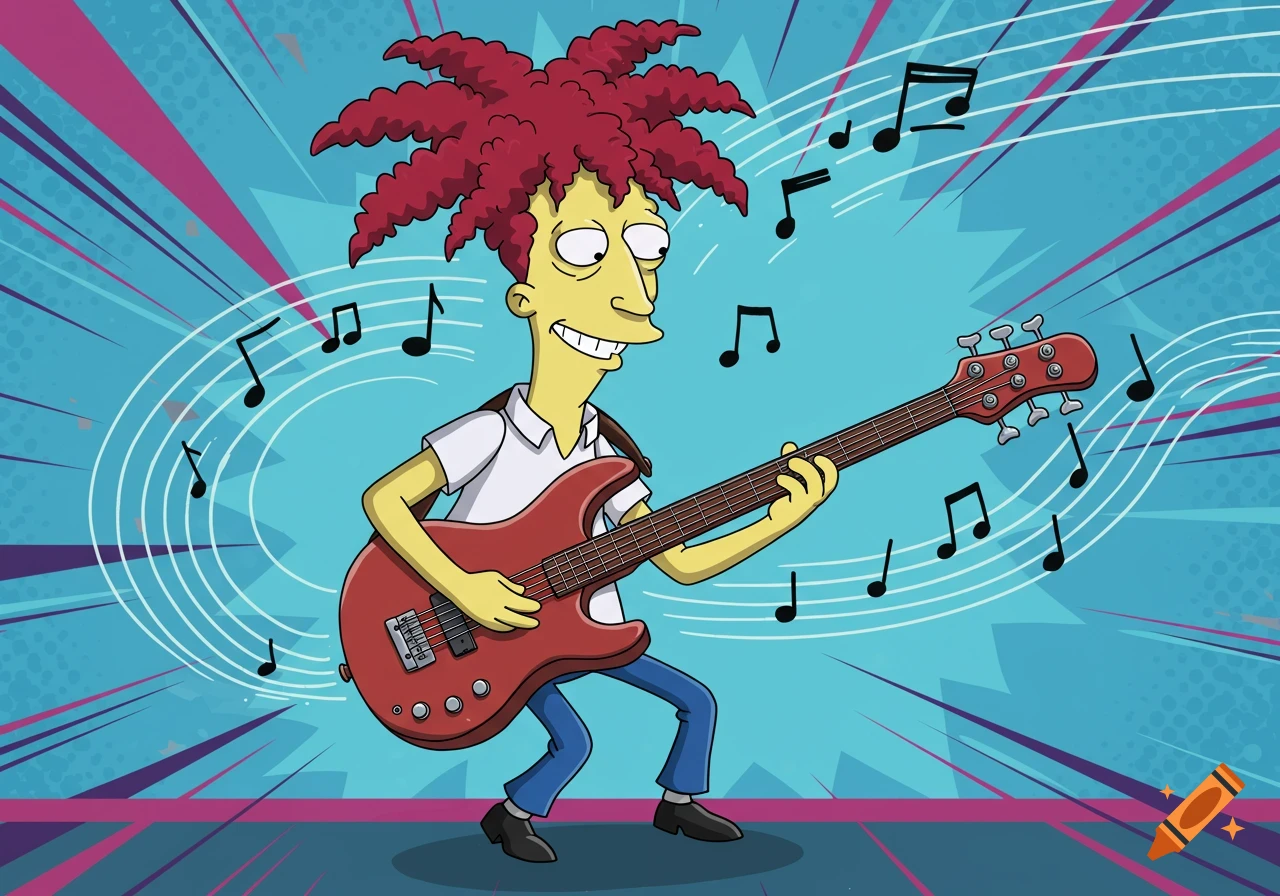 Cartoon Sideshow Bob with red hair playing a red bass guitar with ...