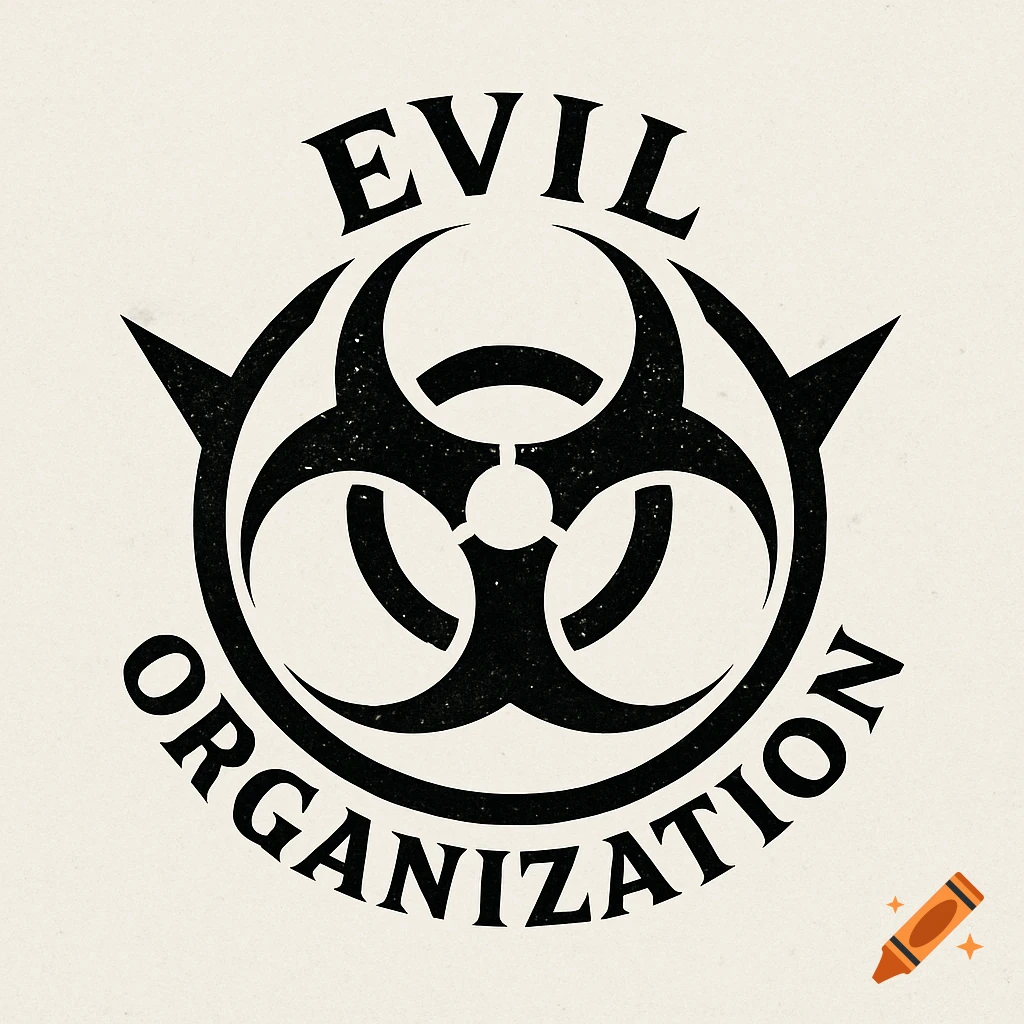 Black and white grunge logo with a biohazard symbol and text 'Evil ...