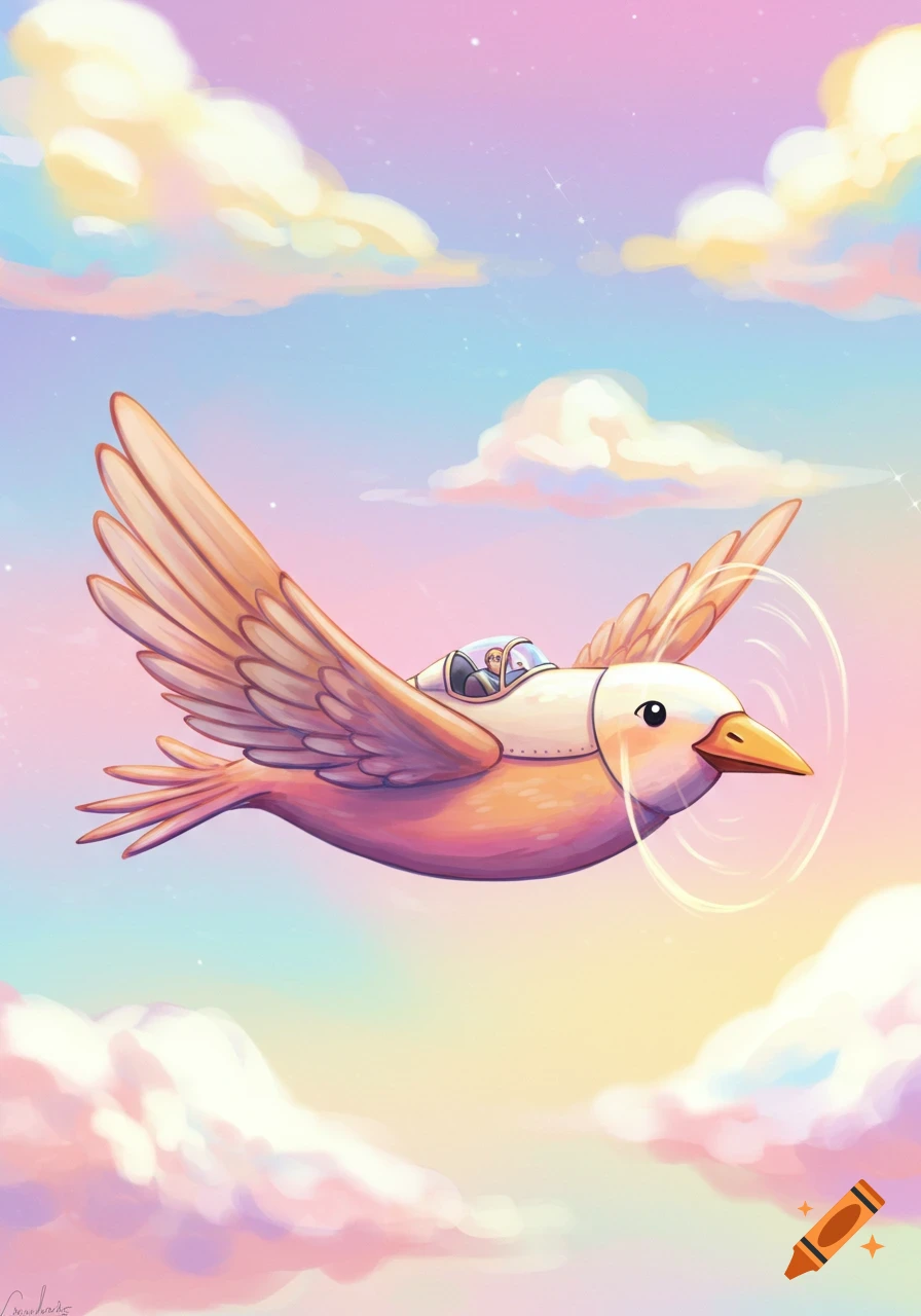 Cartoon bird-plane flying through a colorful sky with clouds. on Craiyon