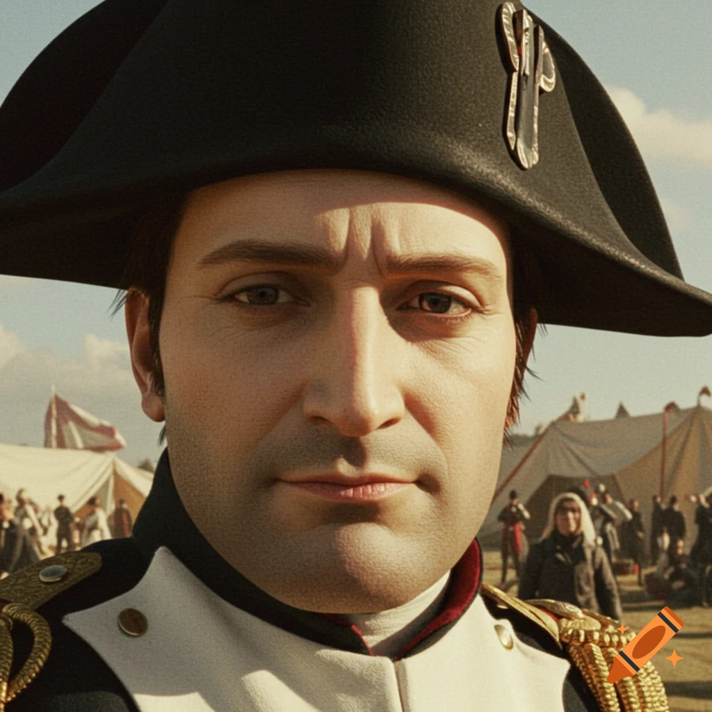 Close-up portrait of a man resembling Napoleon in military uniform and bicorn hat, outdoors. on ...