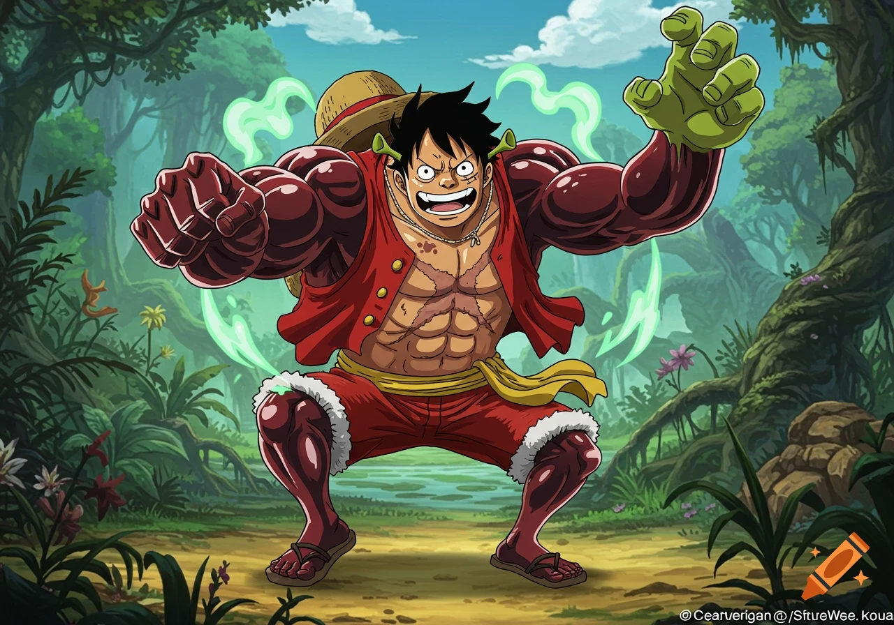 Luffy from One Piece merged with Shrek, looking muscular in a jungle ...