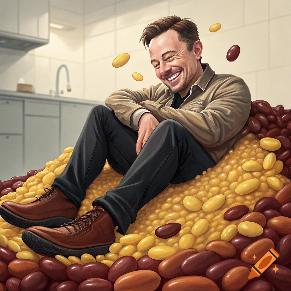 Elon Musk sits smiling on a large pile of baked beans in a kitchen. on ...