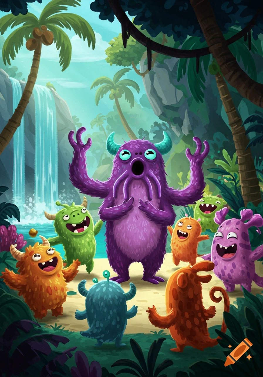 Colorful cartoon monsters singing and dancing in a jungle with a waterfall. on Craiyon