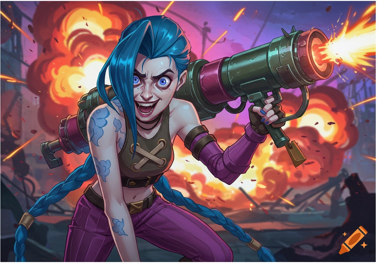 Jinx from Arcane firing a large weapon during an explosion in a ...