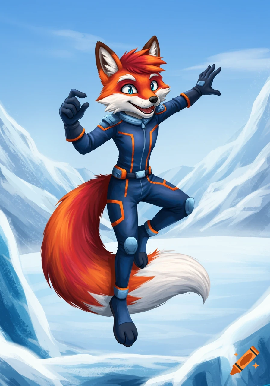 Cartoon anthropomorphic fox in a blue and orange snowsuit in an icy ...