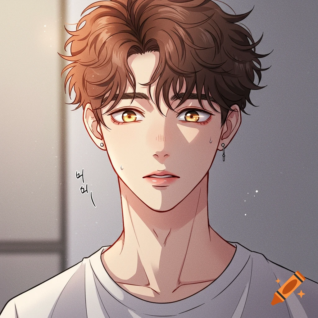 Close-up portrait of a young man with brown hair and golden eyes in a ...