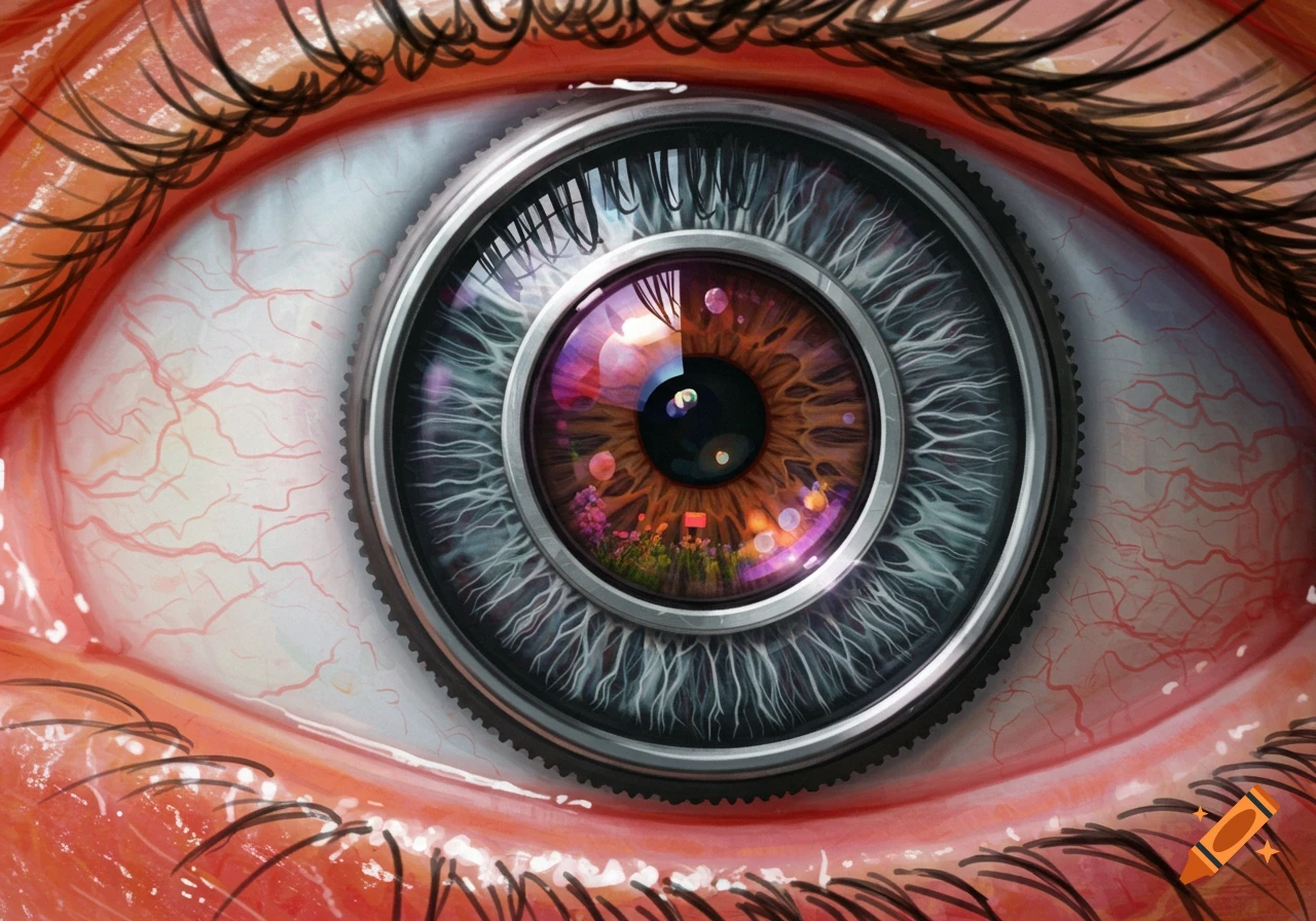 Close-up of an eye with a camera lens for an iris, showing a landscape ...