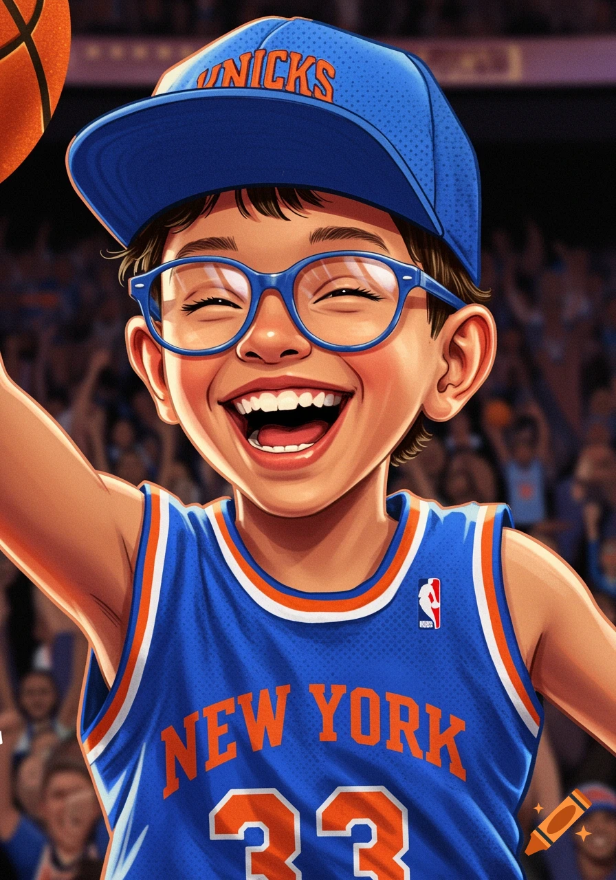 Smiling kid in New York Knicks jersey and hat holding a basketball. on ...