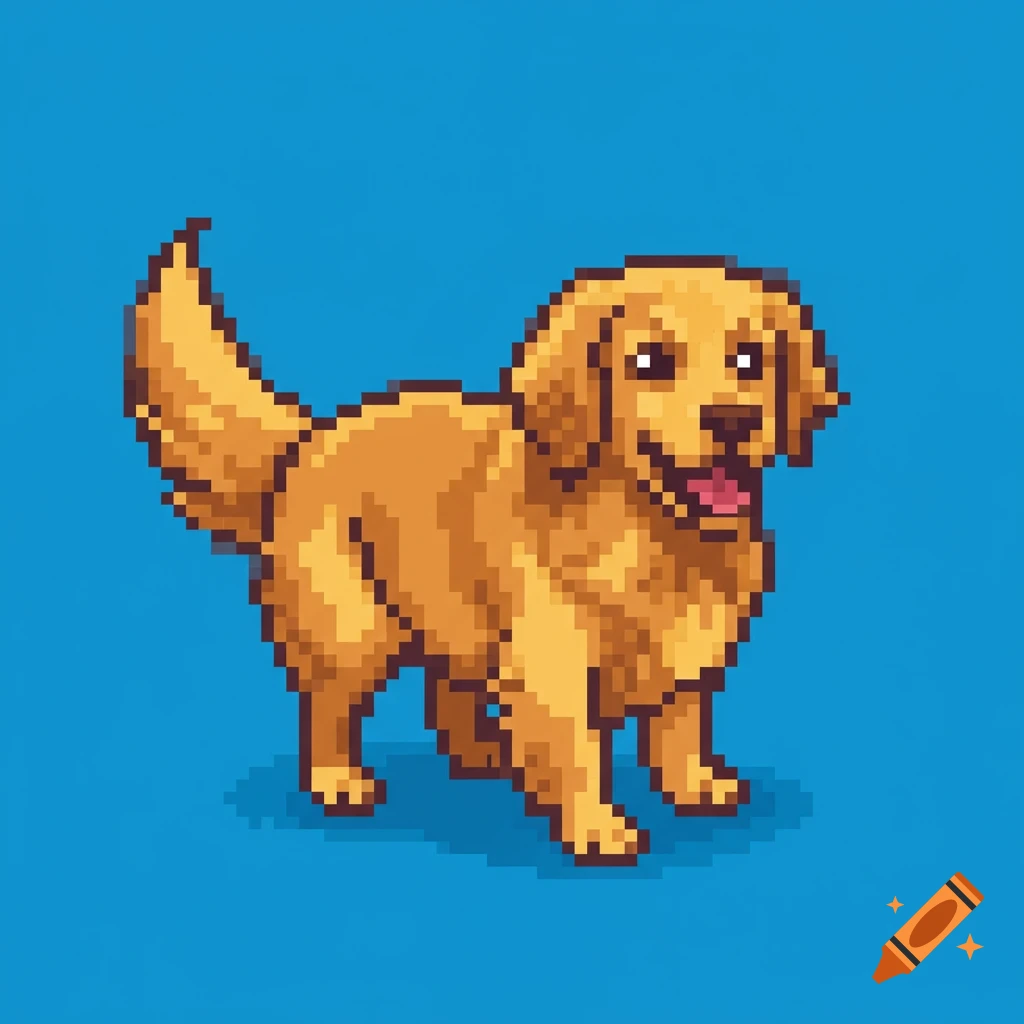 A golden retriever dog rendered in pixel art style against a blue ...