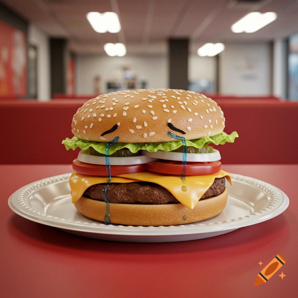 A cheeseburger on a plate cries tears in a restaurant setting. on Craiyon