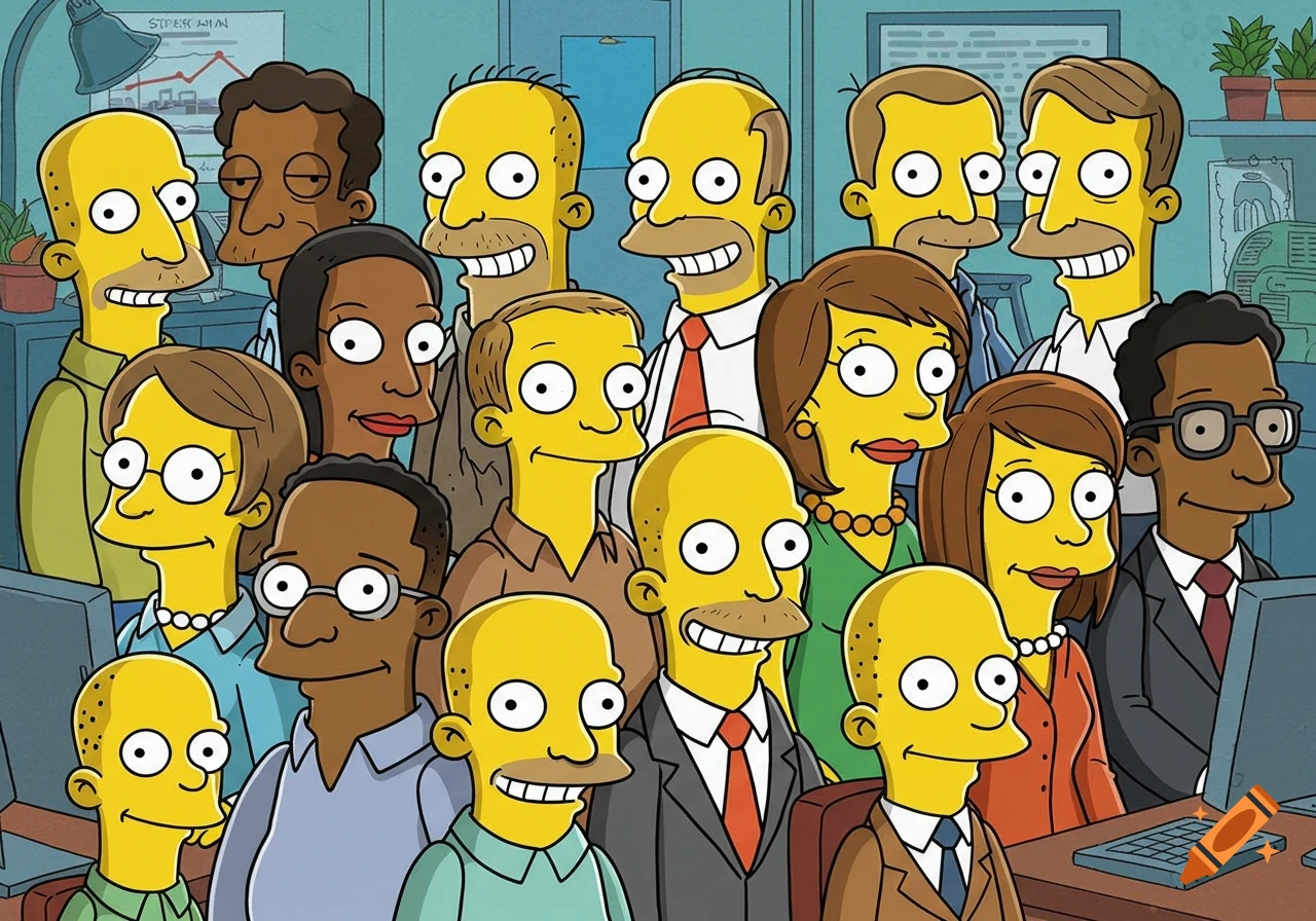 A crowd of cartoon people with yellow skin, mustaches, and big eyes in ...