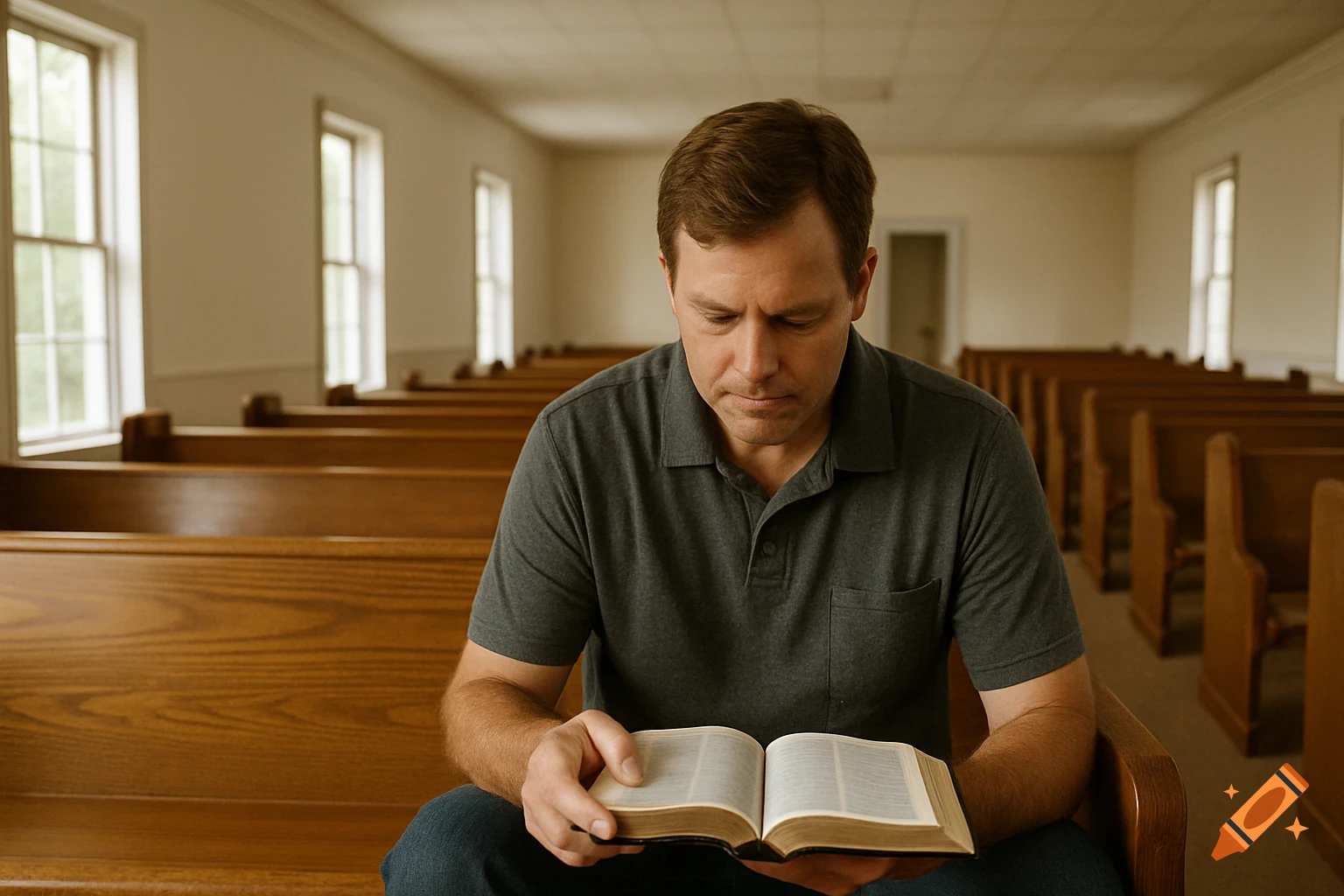 Man reading a book in a church pew on Craiyon