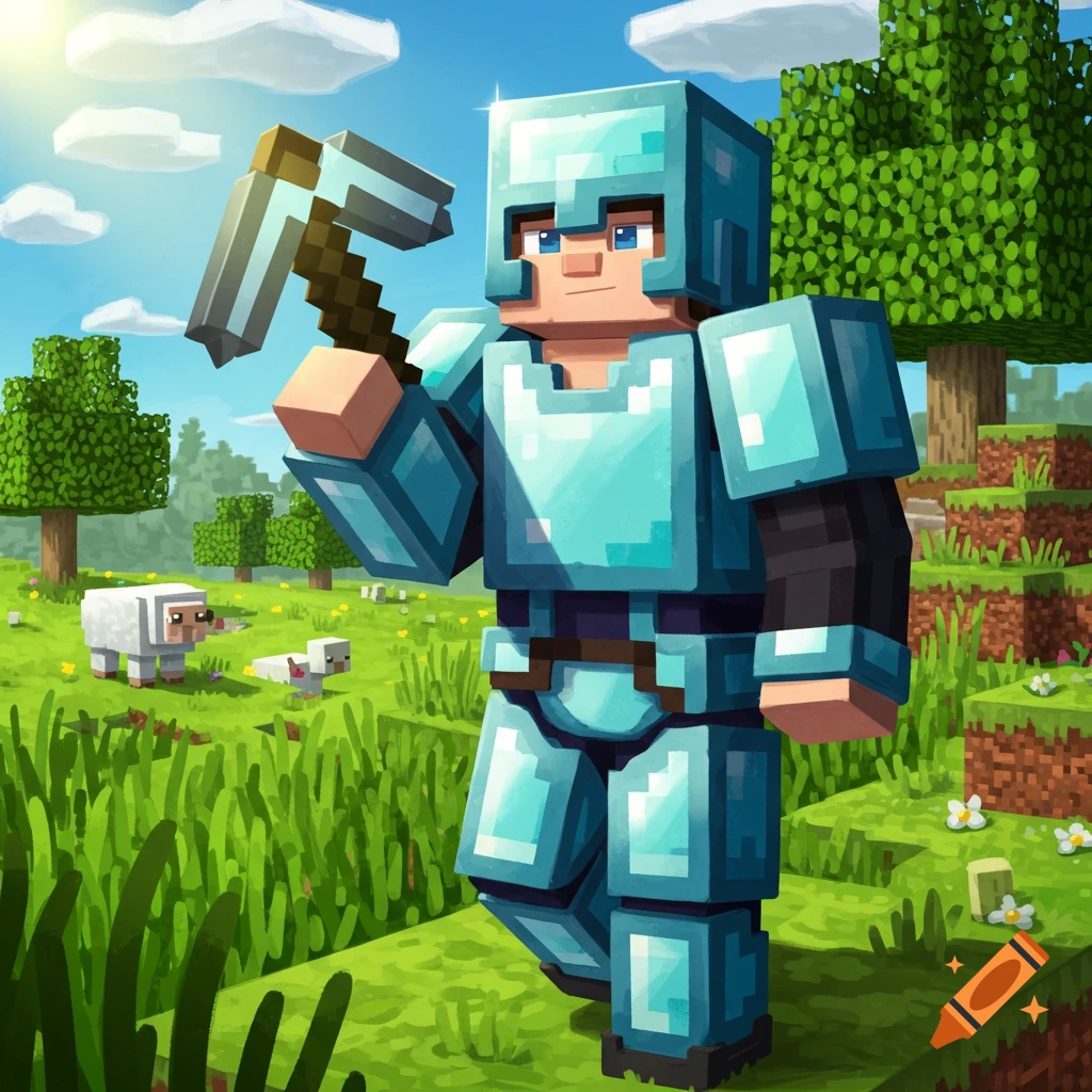 A Minecraft player in full diamond armor holds a pickaxe in a grassy ...