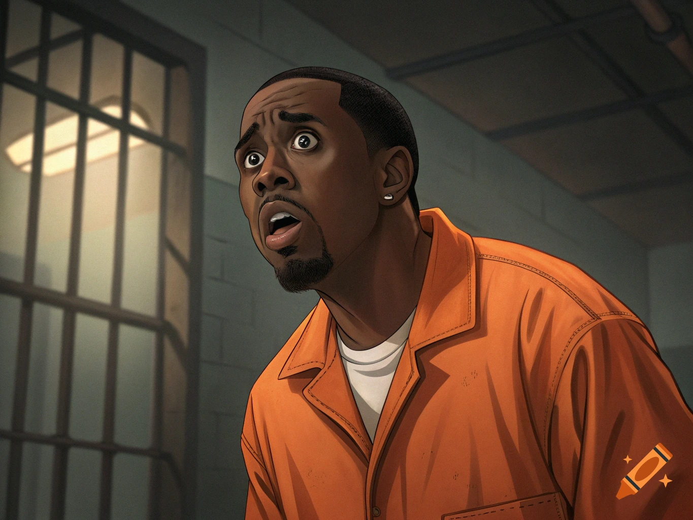 Cartoon drawing of a scared man in an orange jumpsuit in a prison cell ...