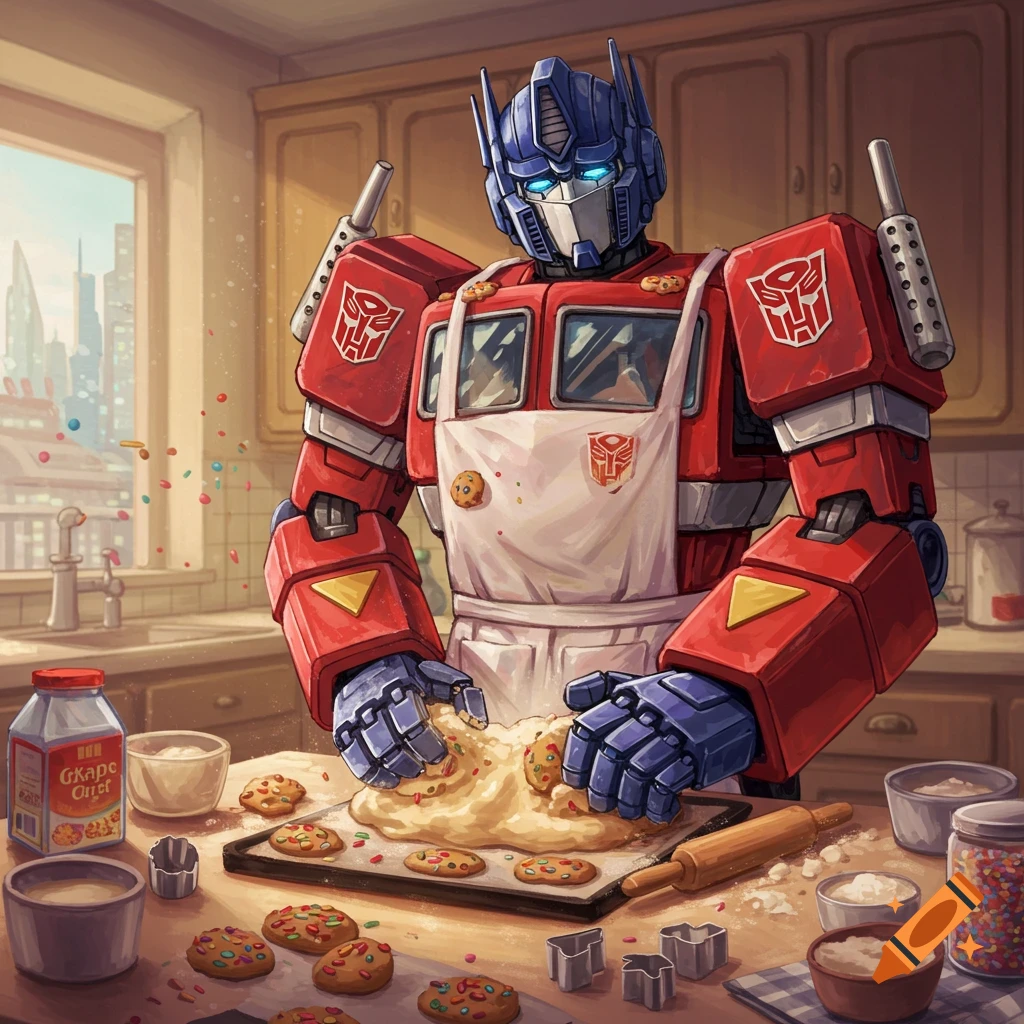 Optimus Prime bakes cookies in a kitchen. on Craiyon