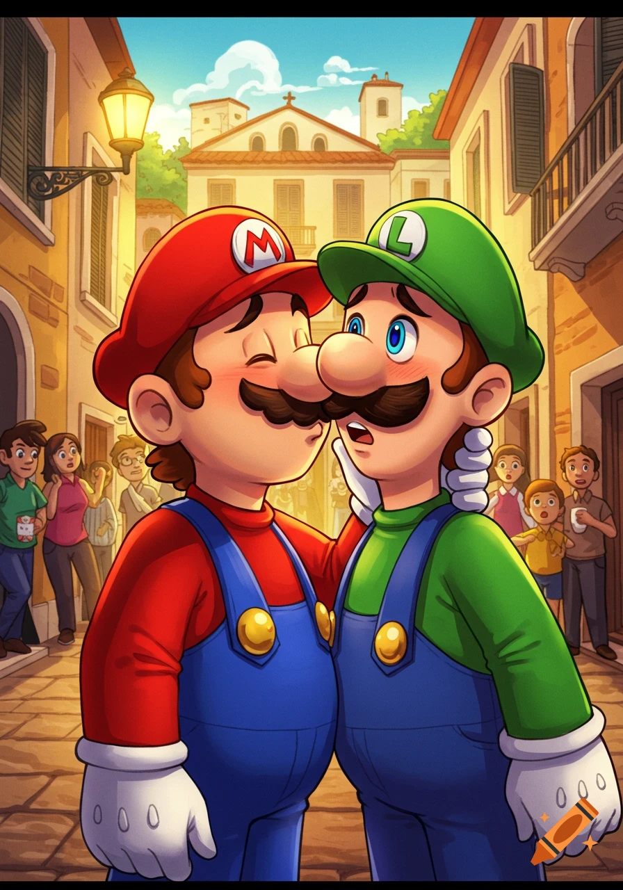 Cartoon illustration of Mario and Luigi kissing on an Italian street ...