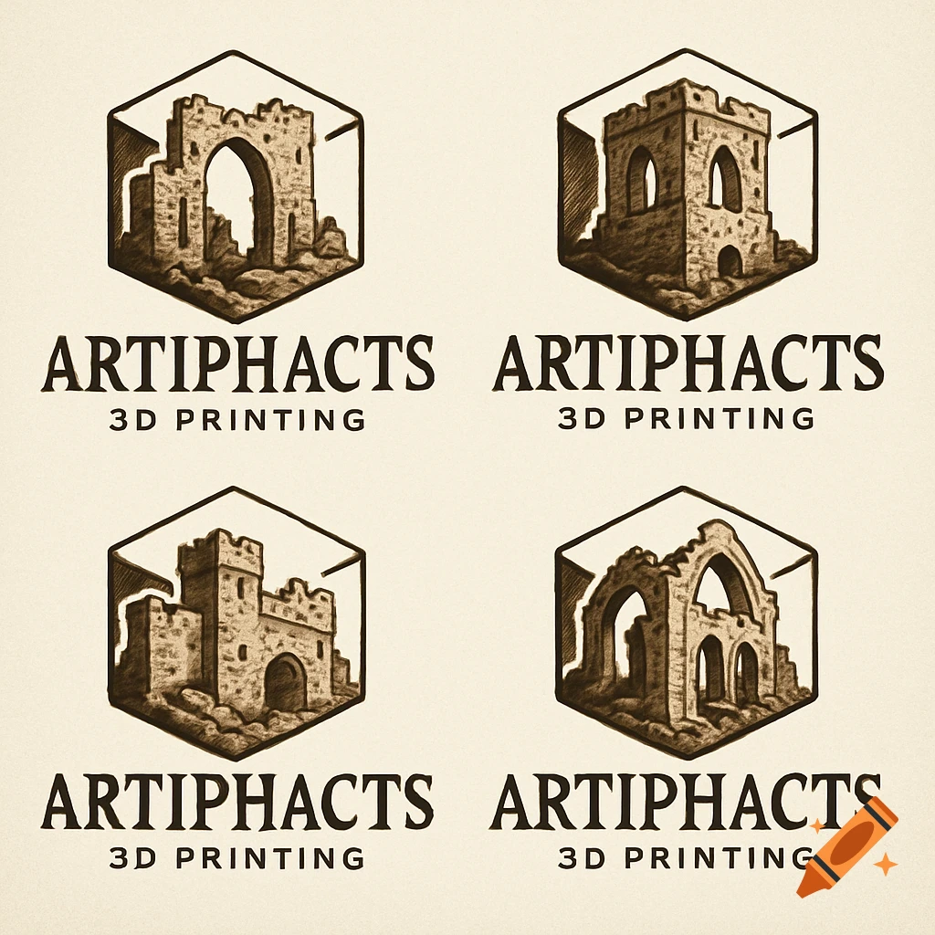 Four logos with sketch-style ruined medieval buildings inside hexagons ...