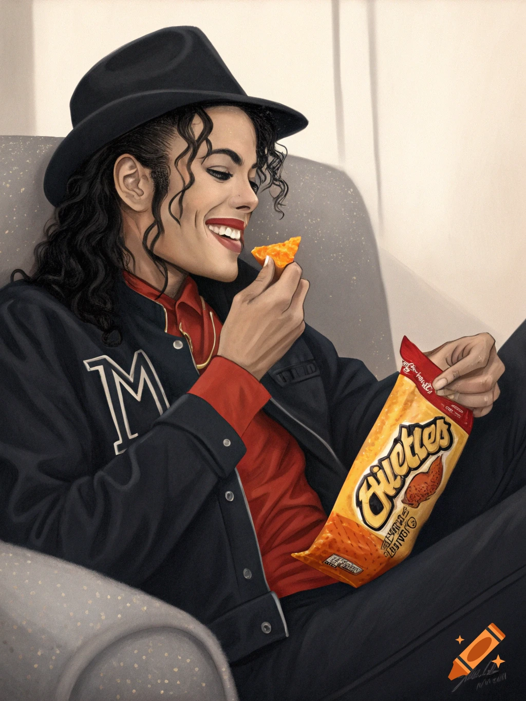 An illustration of Michael Jackson sitting and eating a chip from a bag ...
