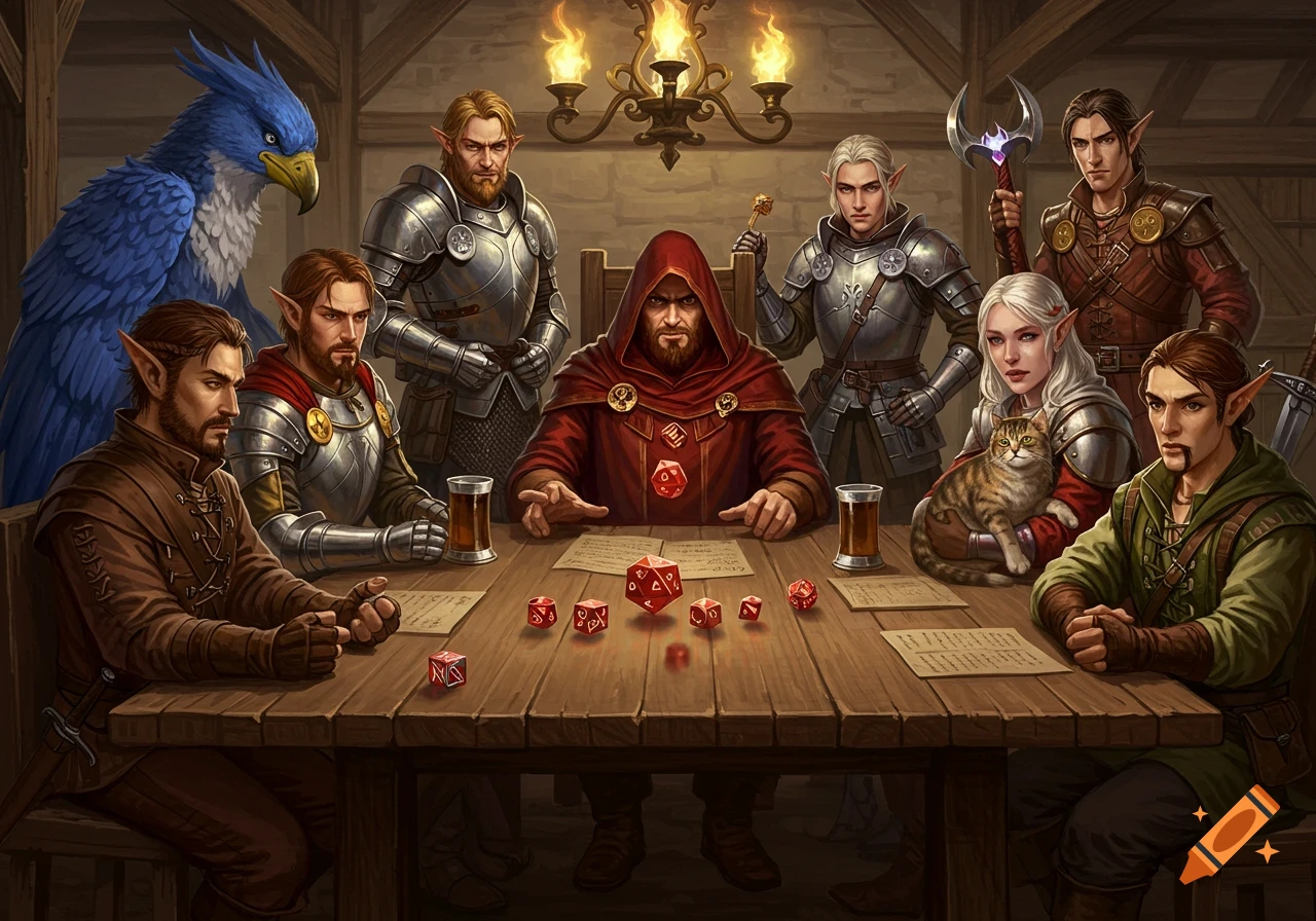 A group of fantasy characters, including elves, knights, and a wizard ...