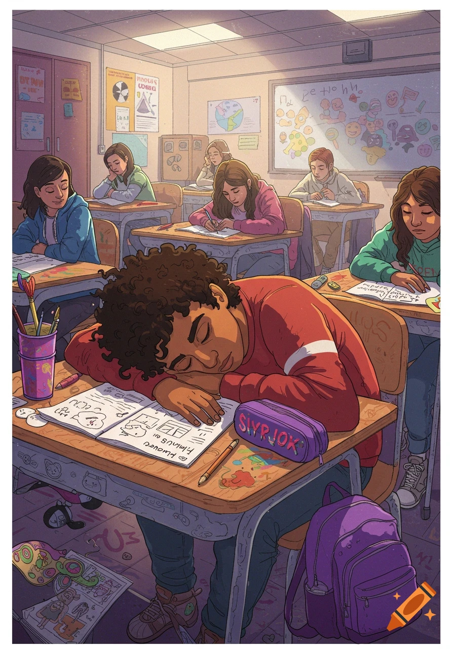 An illustration of a student sleeping face-down on their desk in a ...