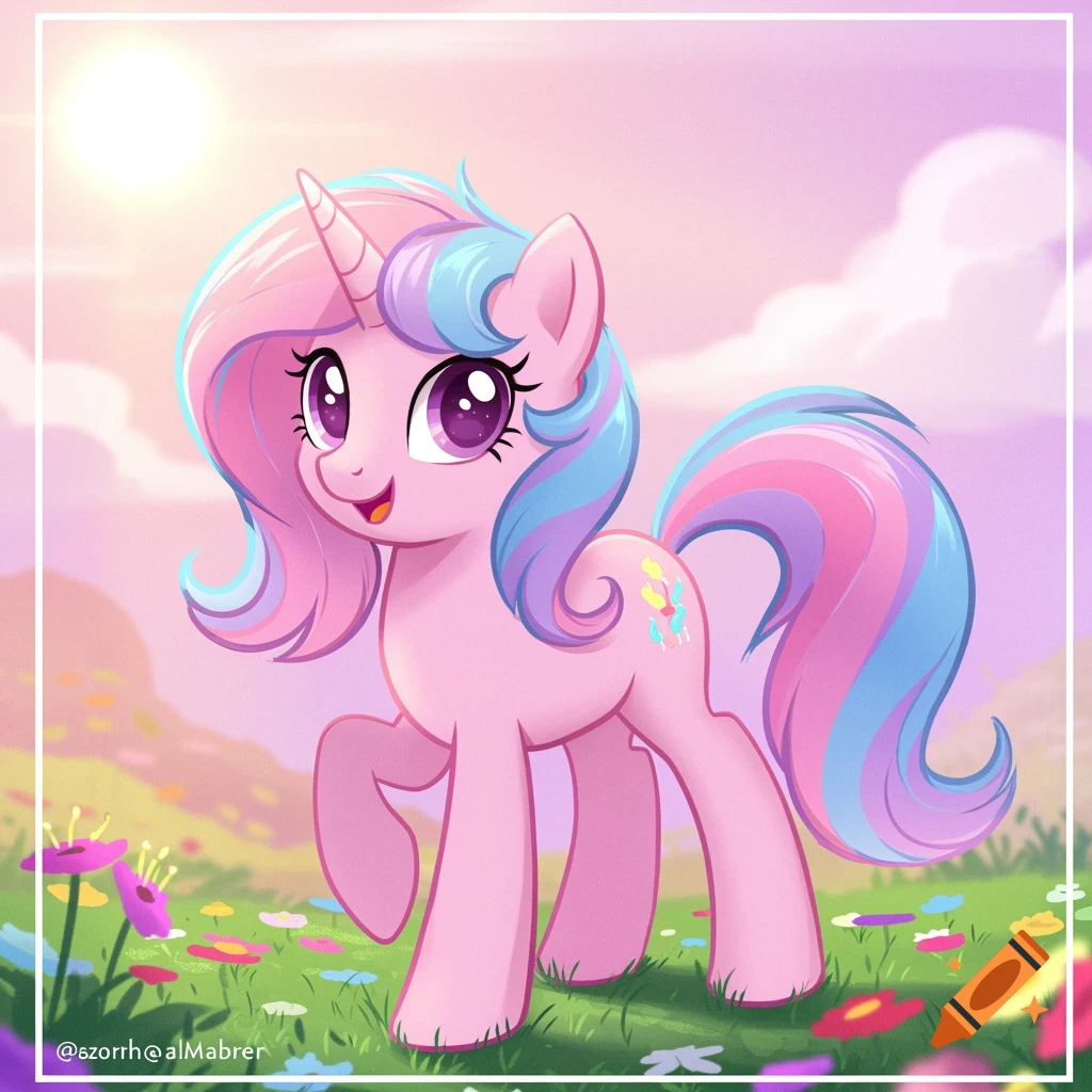 A cartoon pink pony with blue and pink mane stands in a field of ...