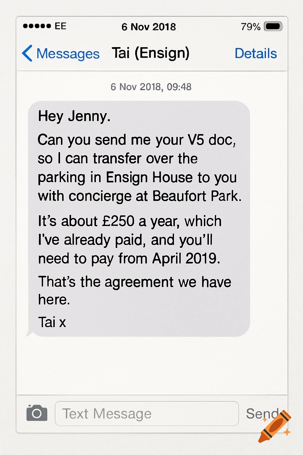 A screenshot of an iPhone text message from Tai (Ensign) to Jenny ...