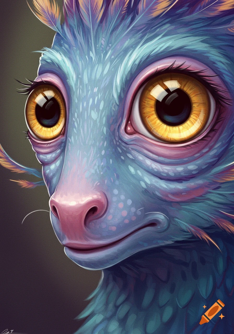 Close-up portrait of a blue fantasy creature with large yellow eyes and ...