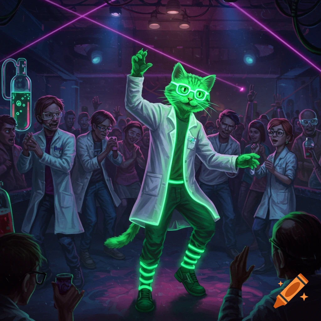 A neon green cat in a lab coat dances at a rave with scientists and ...