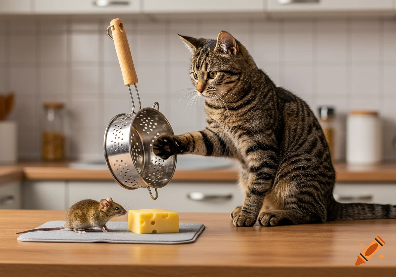 A tabby cat playfully bats at a colander above a mouse and cheese on a ...