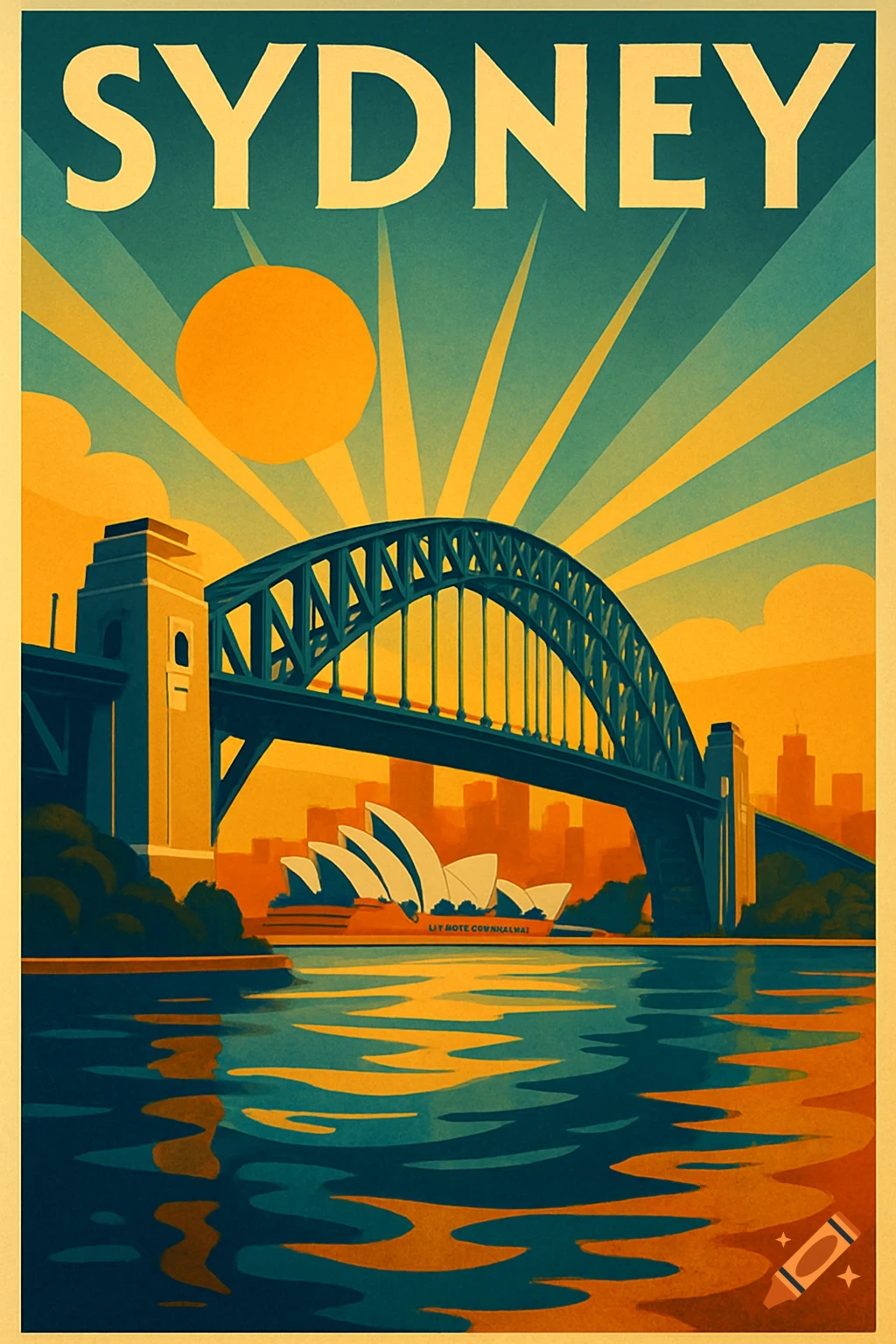 Art deco travel poster of Sydney Harbour with Harbour Bridge, Opera ...