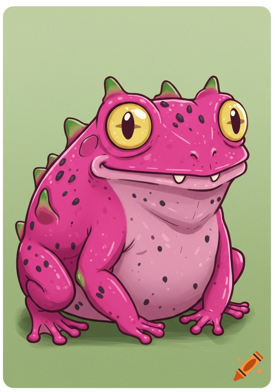 Cartoon illustration of a pink frog with spikes on a green background ...