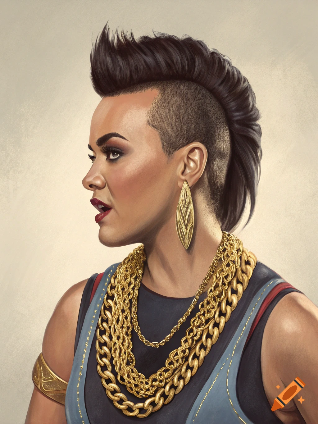 Stylized portrait of a woman with a mohawk haircut, dramatic makeup ...