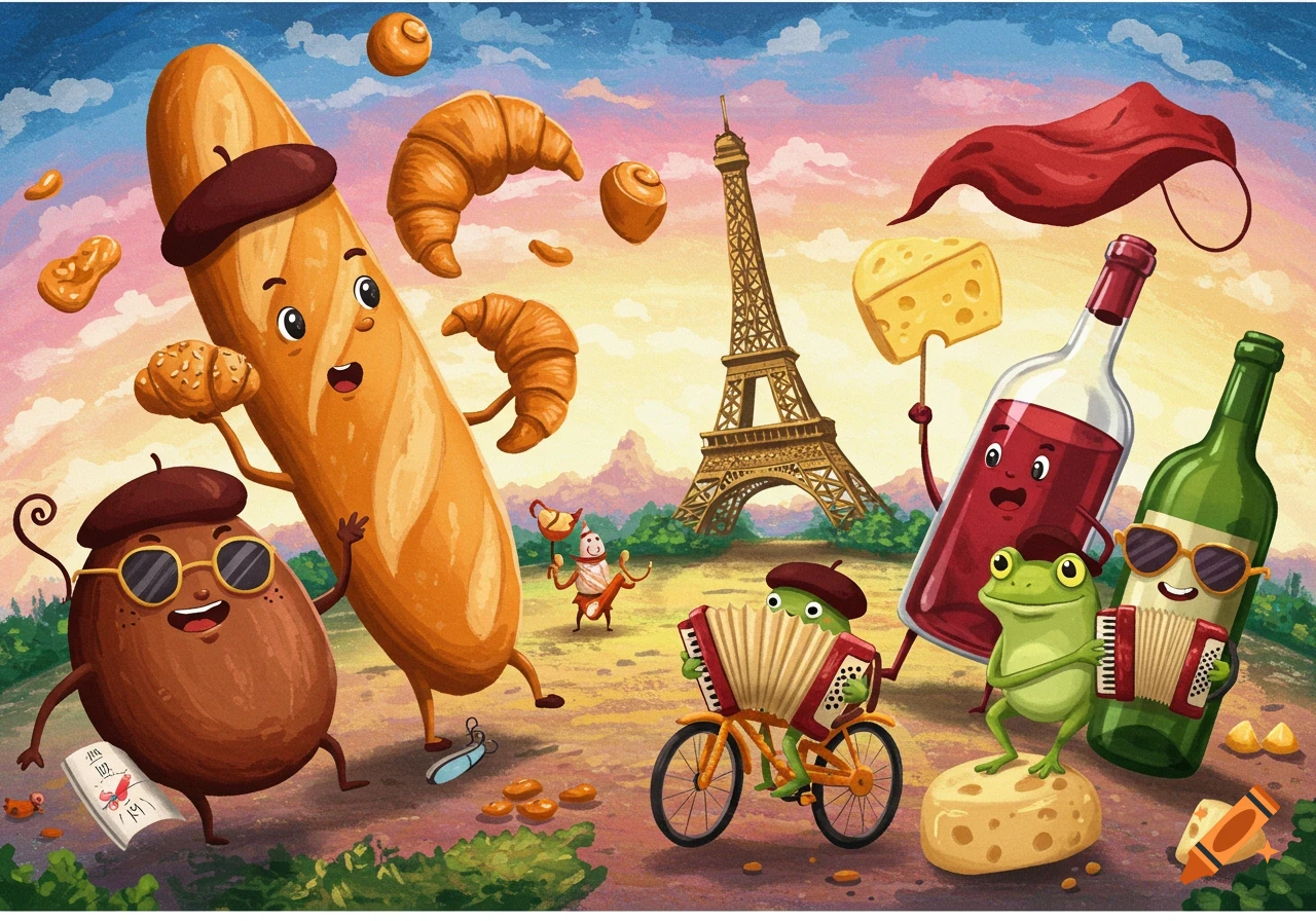 Silly cartoon illustration of anthropomorphic French foods and objects ...