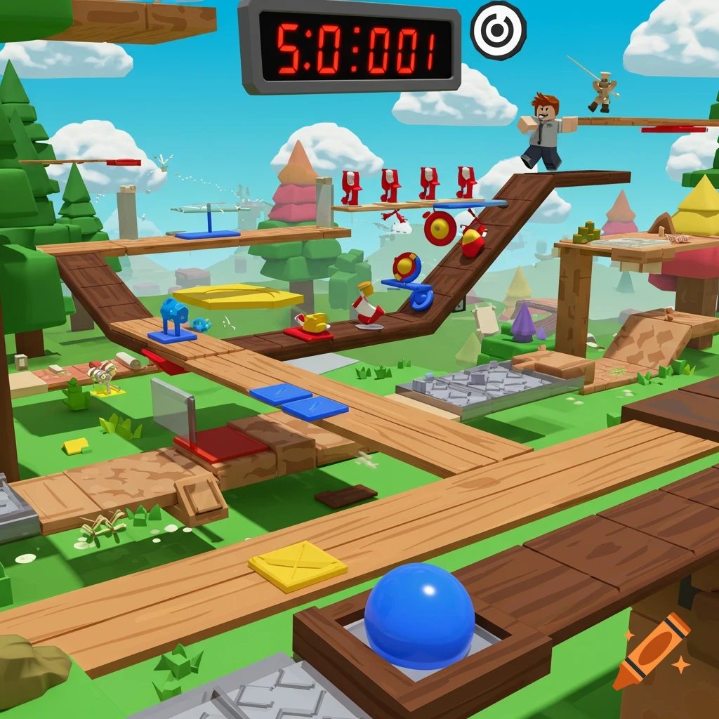 Colorful 3D render of a game obby level with a character, obstacles ...